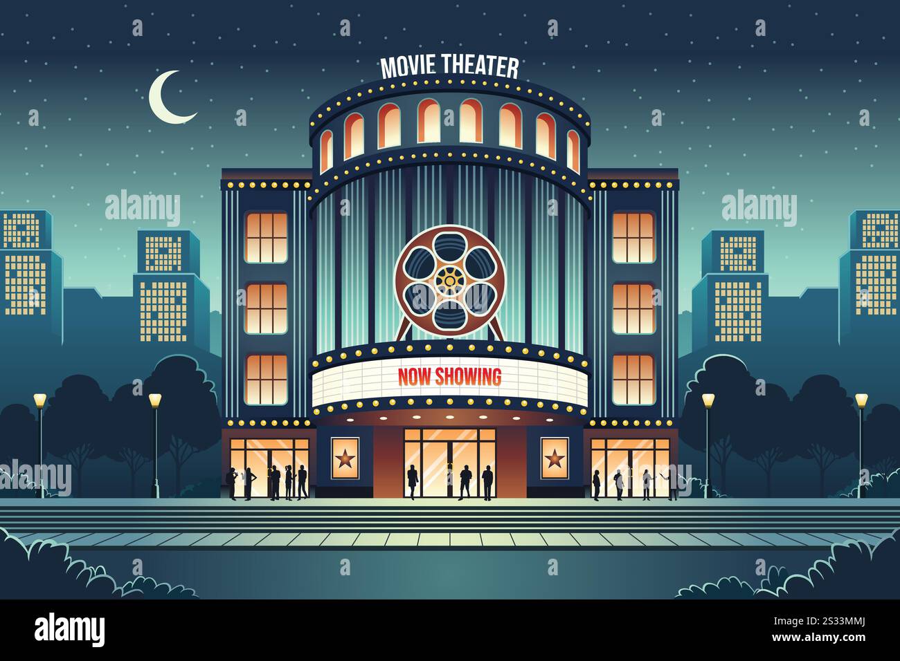 A vector illustration of Movie Theater Cinema Building Exterior Stock ...