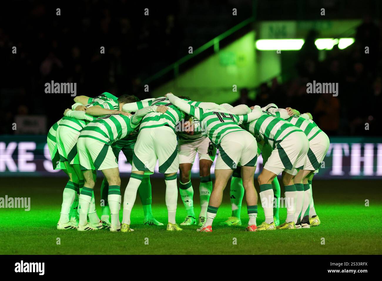 Celtic players form a huddle ahead of the William Hill Premiership ...