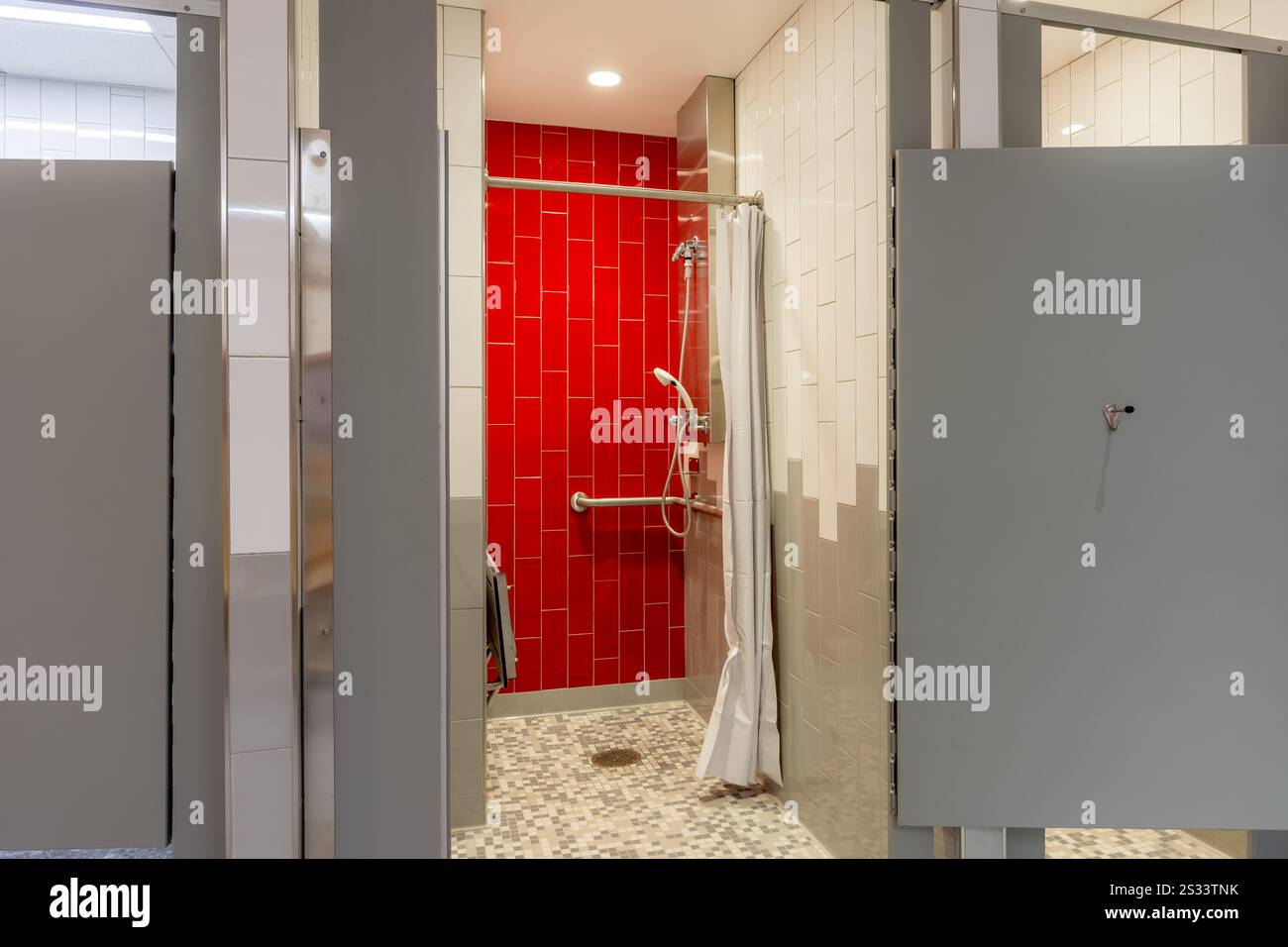 New single, private, gym locker room shower with red tile wall, bench ...