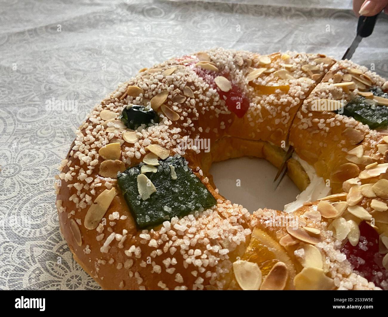 Traditional Roscon de Reyes Cake with Candied Fruit, Almonds, and Sugar ...