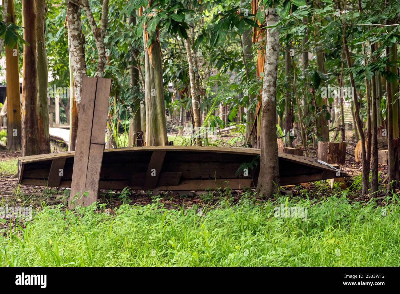 Wooden conoe waiting to be used. San Antonio del Cacao Island, Amazonas ...