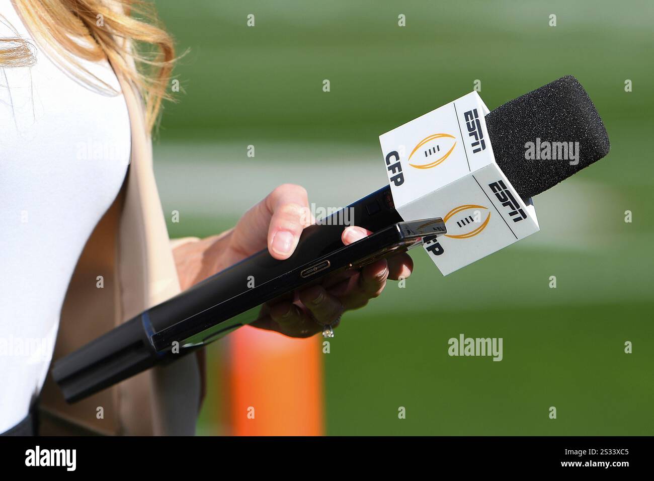 PASADENA, CA - JANUARY 01: A close up of the ESPN CFP microphone before ...