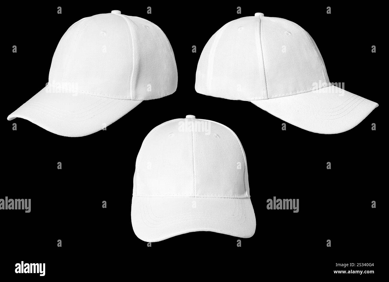 Set of Blank white baseball cap isolated on black background. Template ...