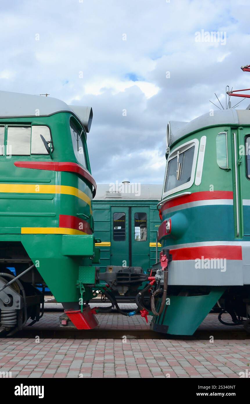 Cabs of modern Russian electric trains. Side view of the heads of ...