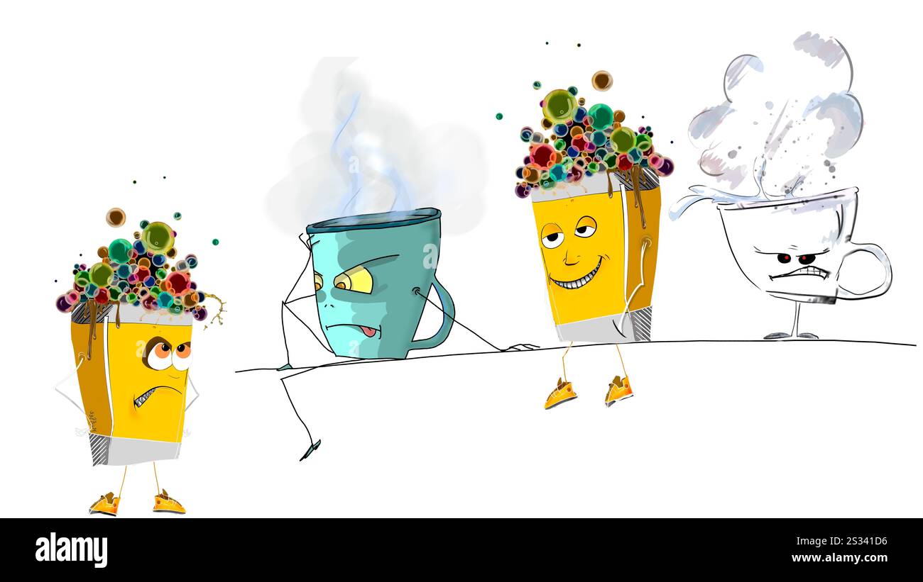 Drawn cartoon cups, glasses with different moods on a white background ...