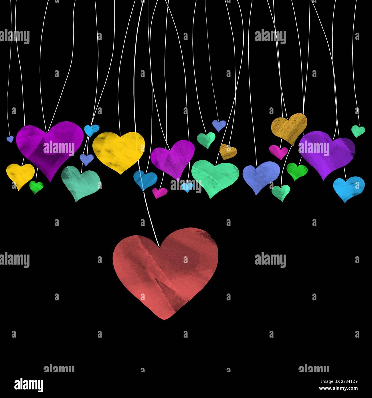 Drawing of colorful hanging hearts on isolated black background Stock ...