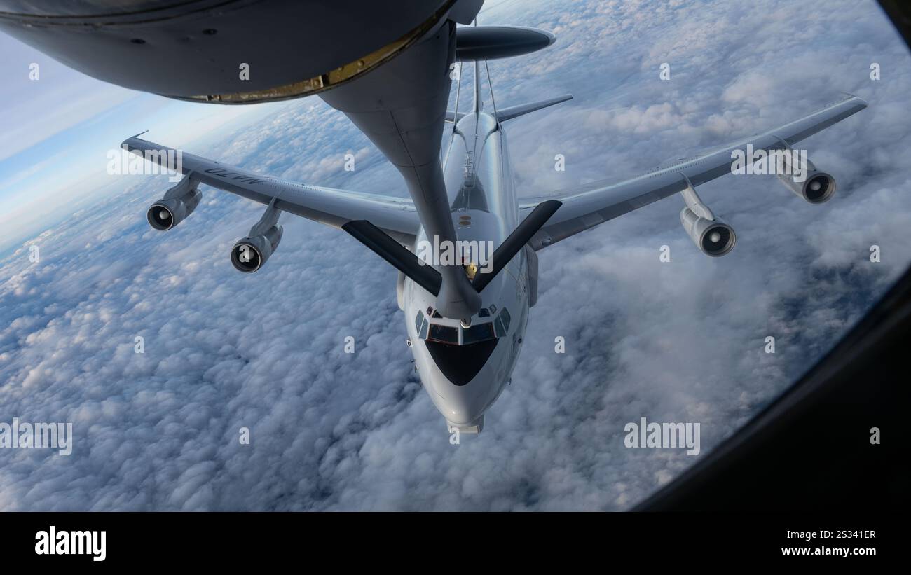A NATO E-3 Sentry approaches a U.S. Air Force KC-135 Stratotanker from the 100th Air Refueling ...