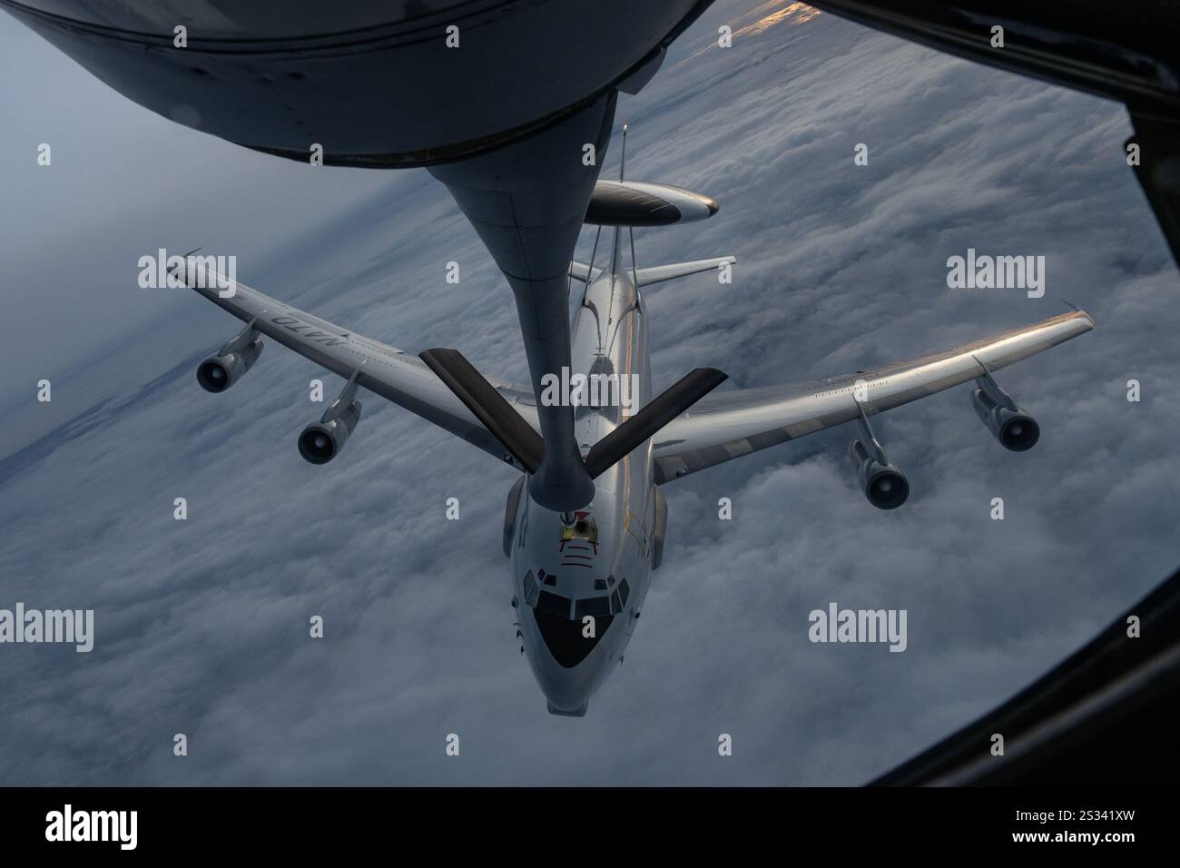 A NATO E-3 Sentry approaches a U.S. Air Force KC-135 Stratotanker from the 100th Air Refueling ...