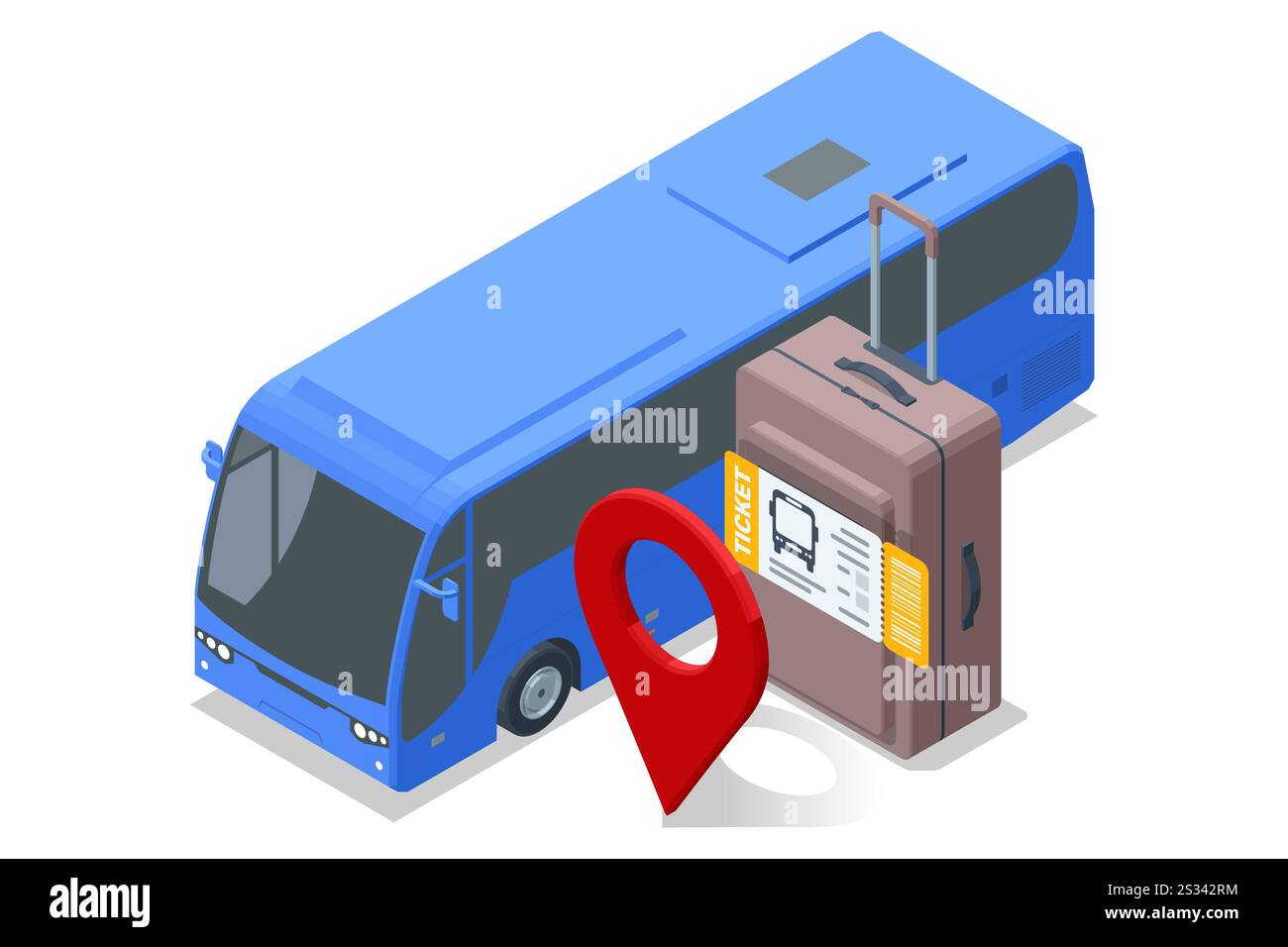 Blue Bus, Luggage, and Location Pin. Isometric vector of a blue bus ...