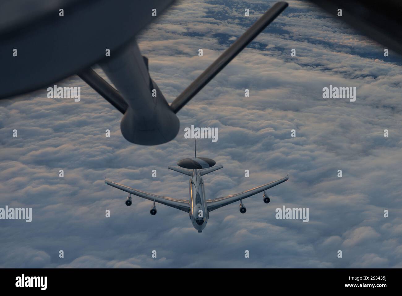A NATO E-3 Sentry departs a U.S. Air Force KC-135 Stratotanker from the 100th Air Refueling Wing ...