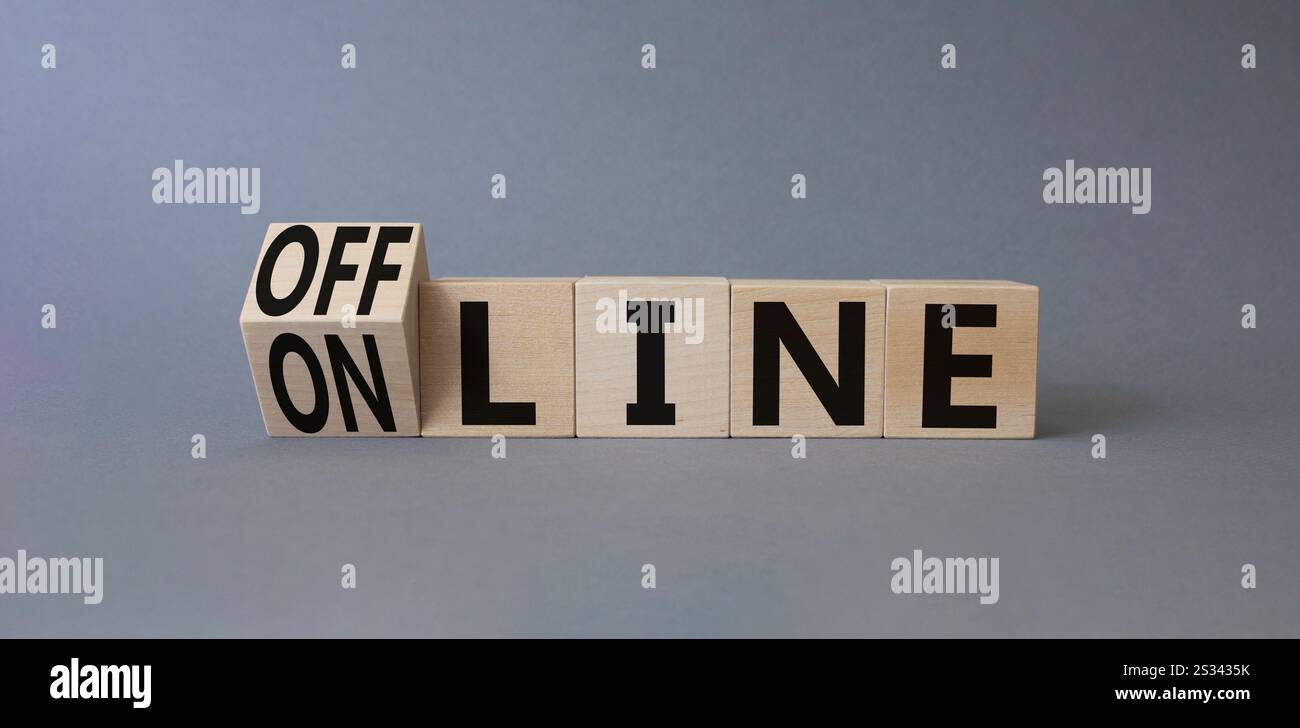 Offline and online symbol. Tturned wooden cubes with words Online and ...