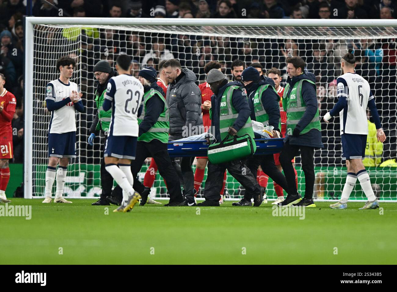 London, UK. 8th Jan, 2025. Rodrigo Bentancur of Tottenham Hotspur is stretchered off injured ...