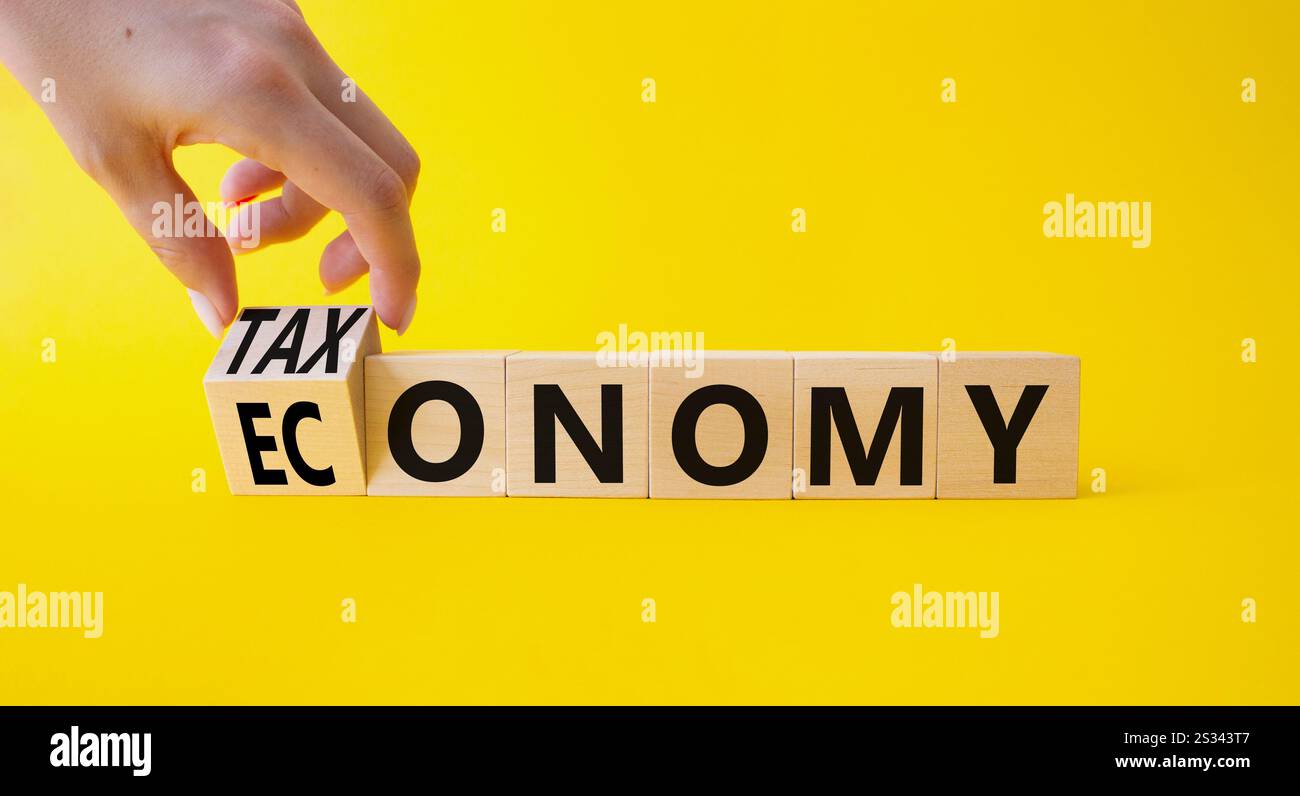Taxonomy and economy symbol. Businessman hand Turnes cubes and changes ...