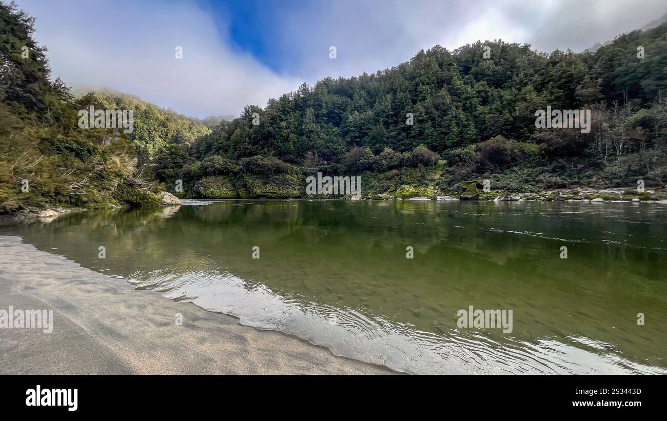 The Buller river flowing through the forest covered upper Buller Gorge ...