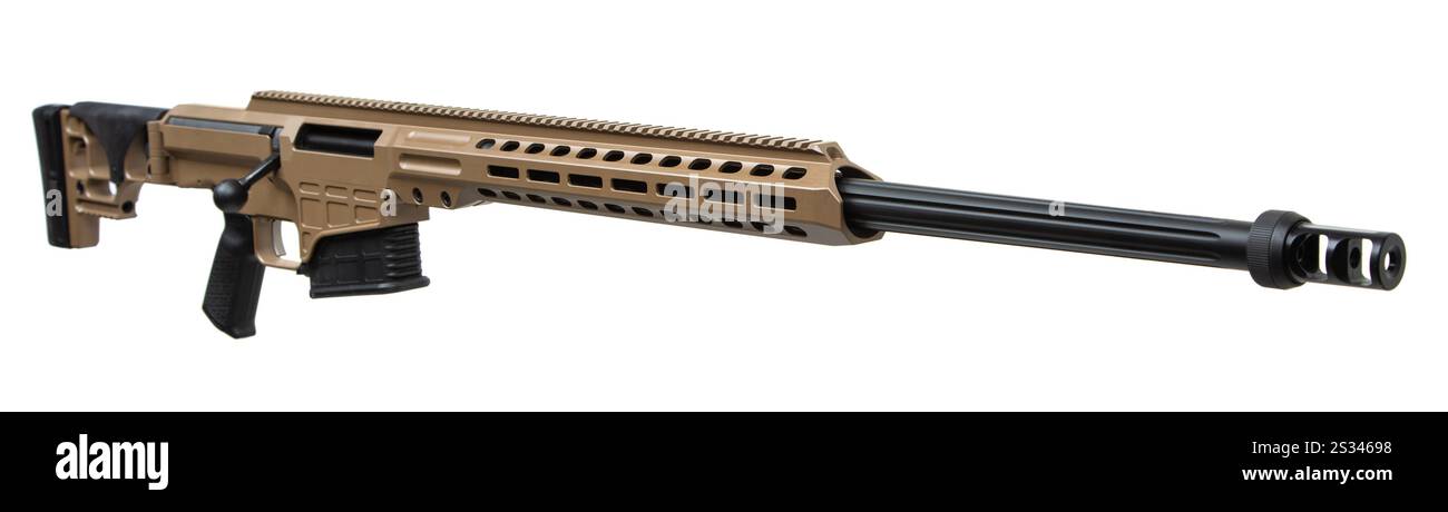 A precision bolt-action rifle with a tan chassis, black barrel, and ...