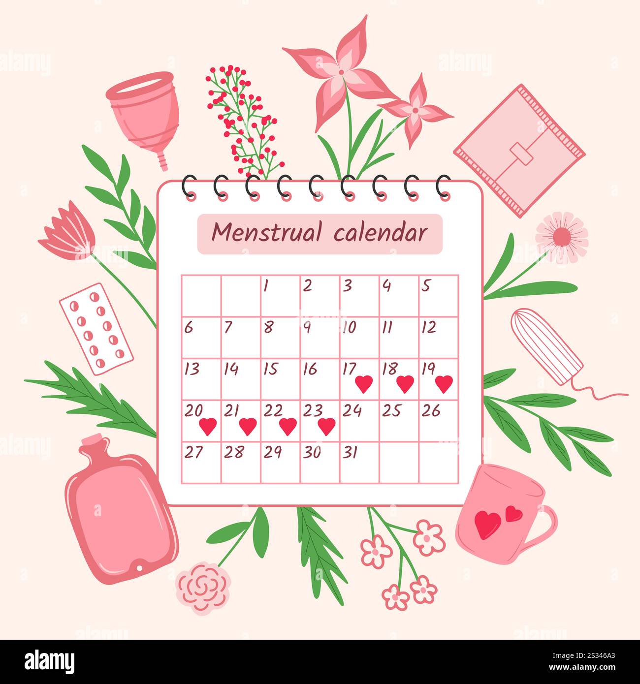 Menstrual calendar illustration with feminine hygiene items and floral ...
