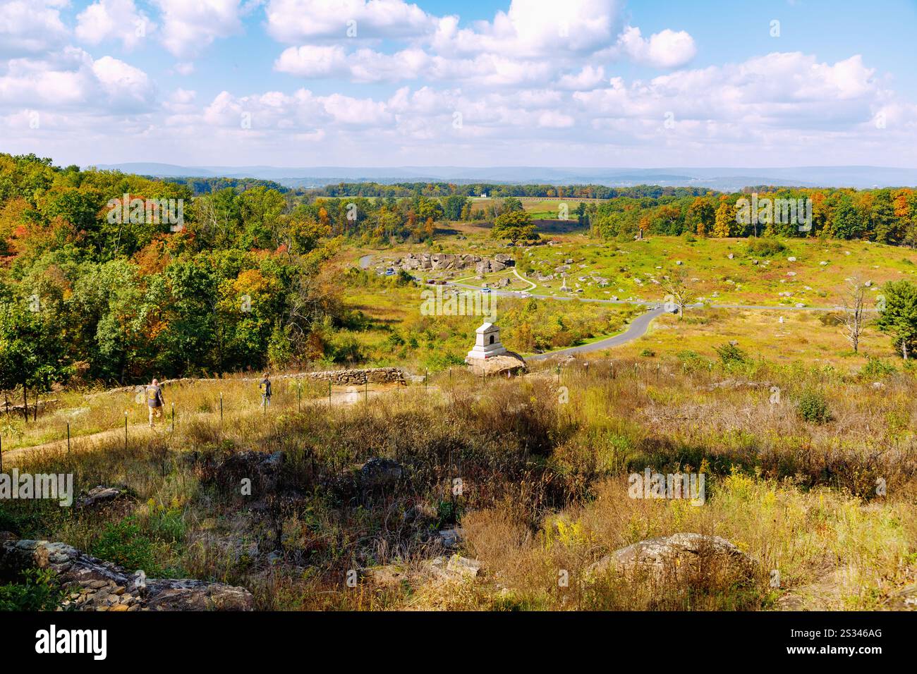 View from Little Round Top overlook of American Civil War battlefields ...