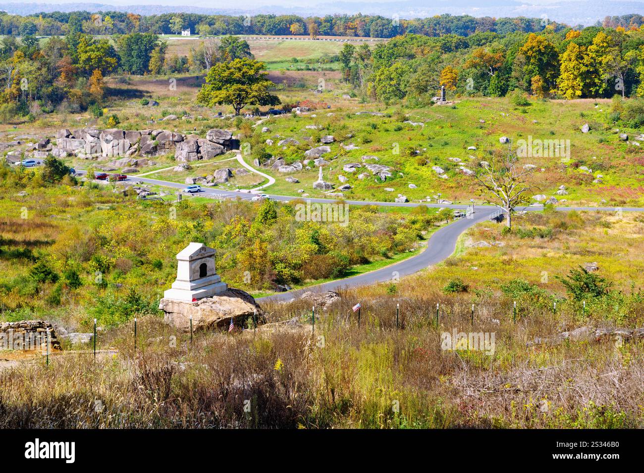 View from Little Round Top overlook of American Civil War battlefields ...