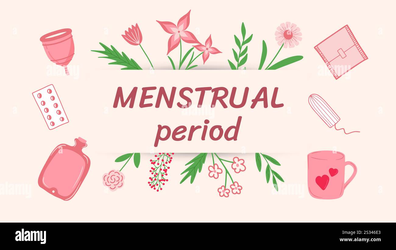 Menstrual Period Illustration, Feminine Hygiene Products and Floral ...