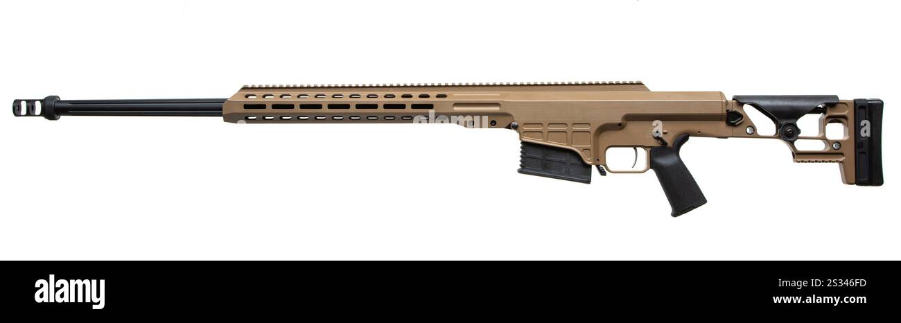 A precision bolt-action rifle with a tan chassis, black barrel, and ...