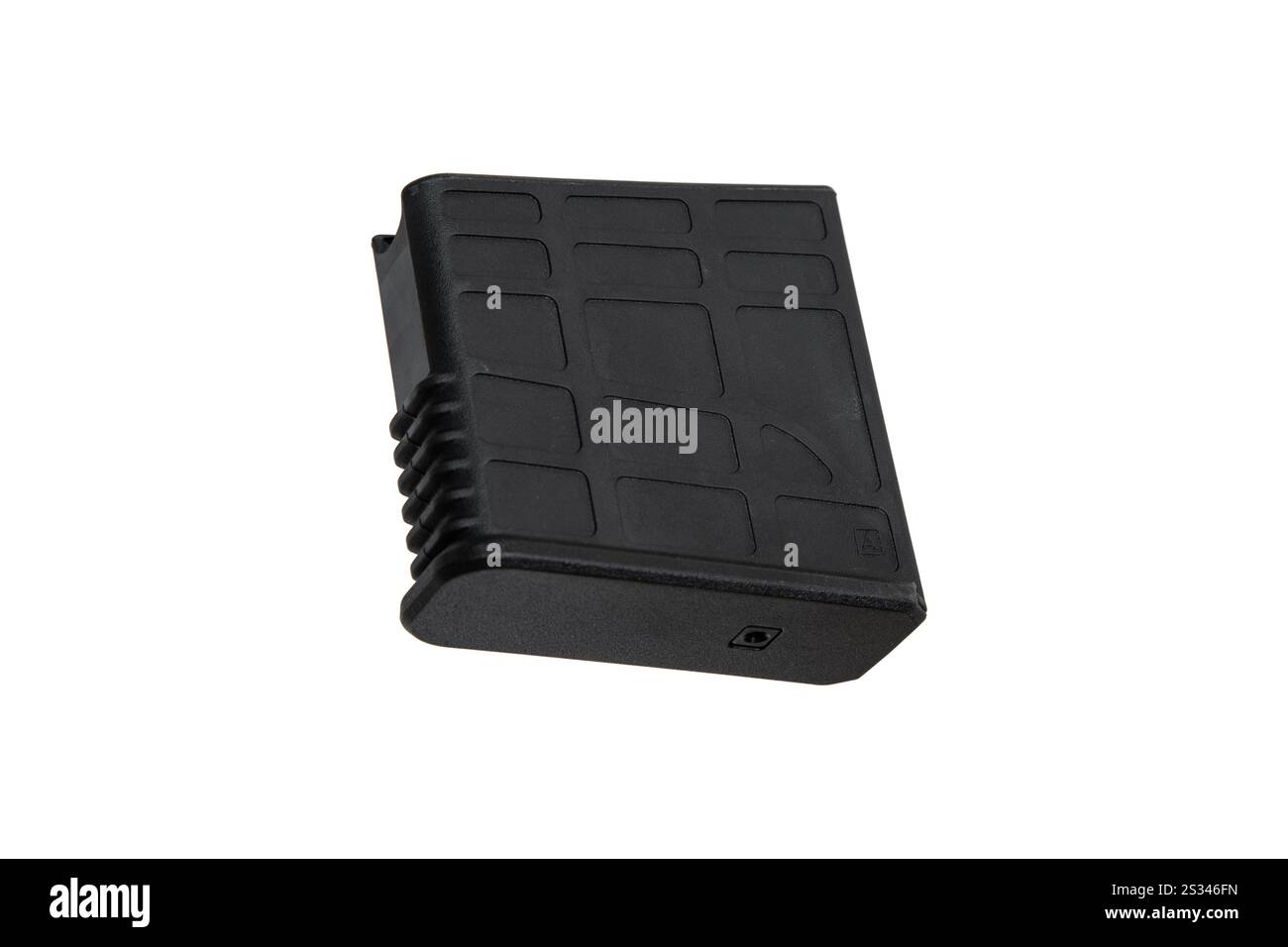 A black, rectangular magazine for a firearm, featuring a textured ...