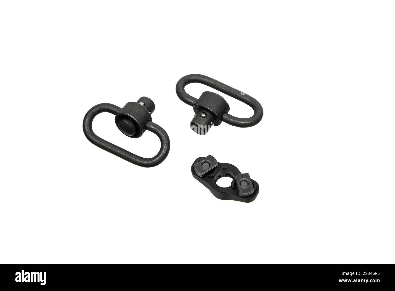Two black metal quick-detach sling swivels and a mounting base ...