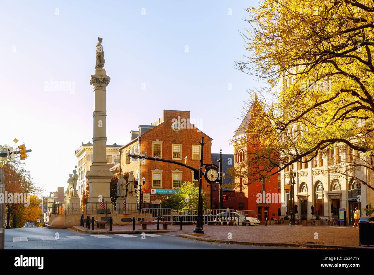 Penn Square with Soldiers and Sailors Monument, Lancaster City Welcome Center and Central Market ...