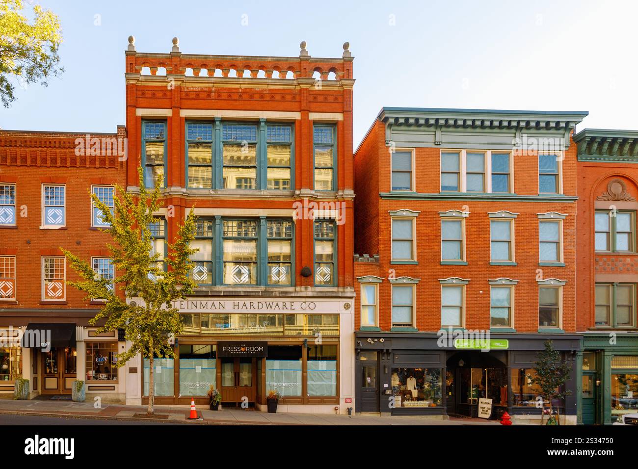 Brick facades and historic Steinman Hardware Building on West King ...