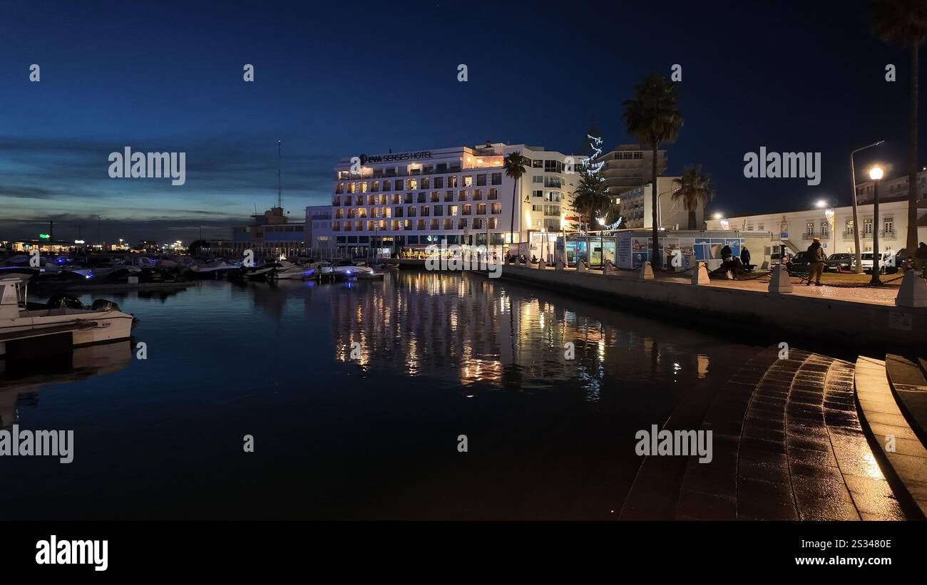 faro marina, also known as doca de faro, beautifully illuminated at ...