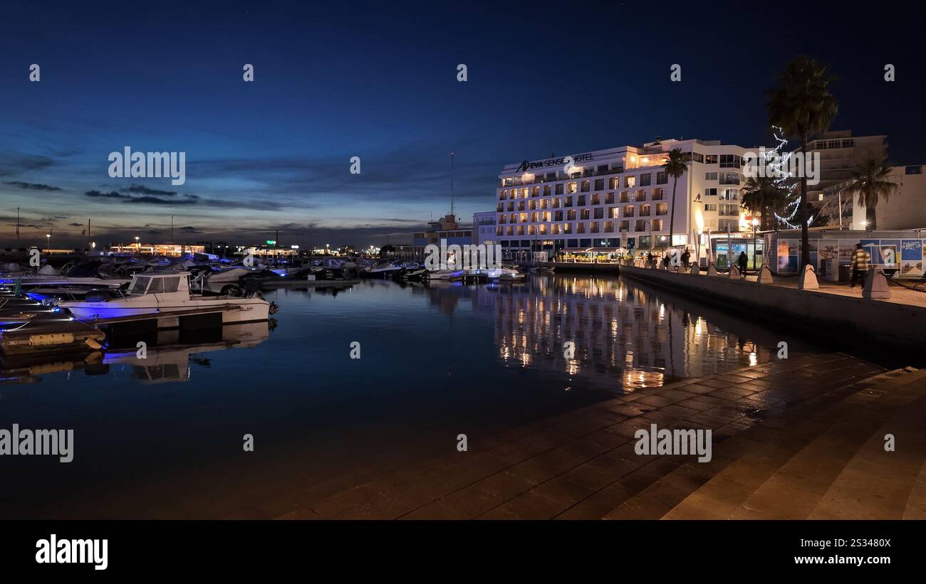 faro marina, also known as doca de faro, beautifully illuminated at ...