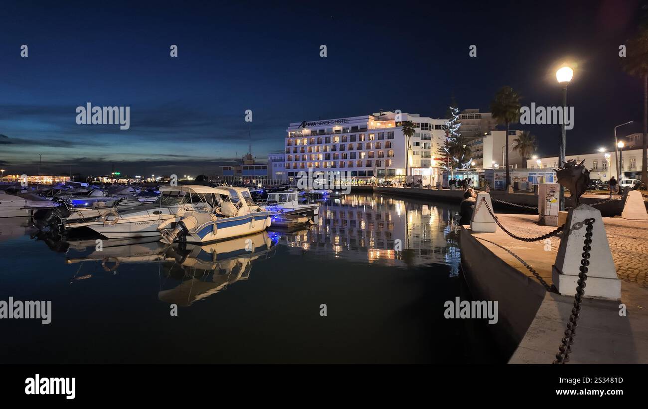 faro marina, also known as doca de faro, beautifully illuminated at ...