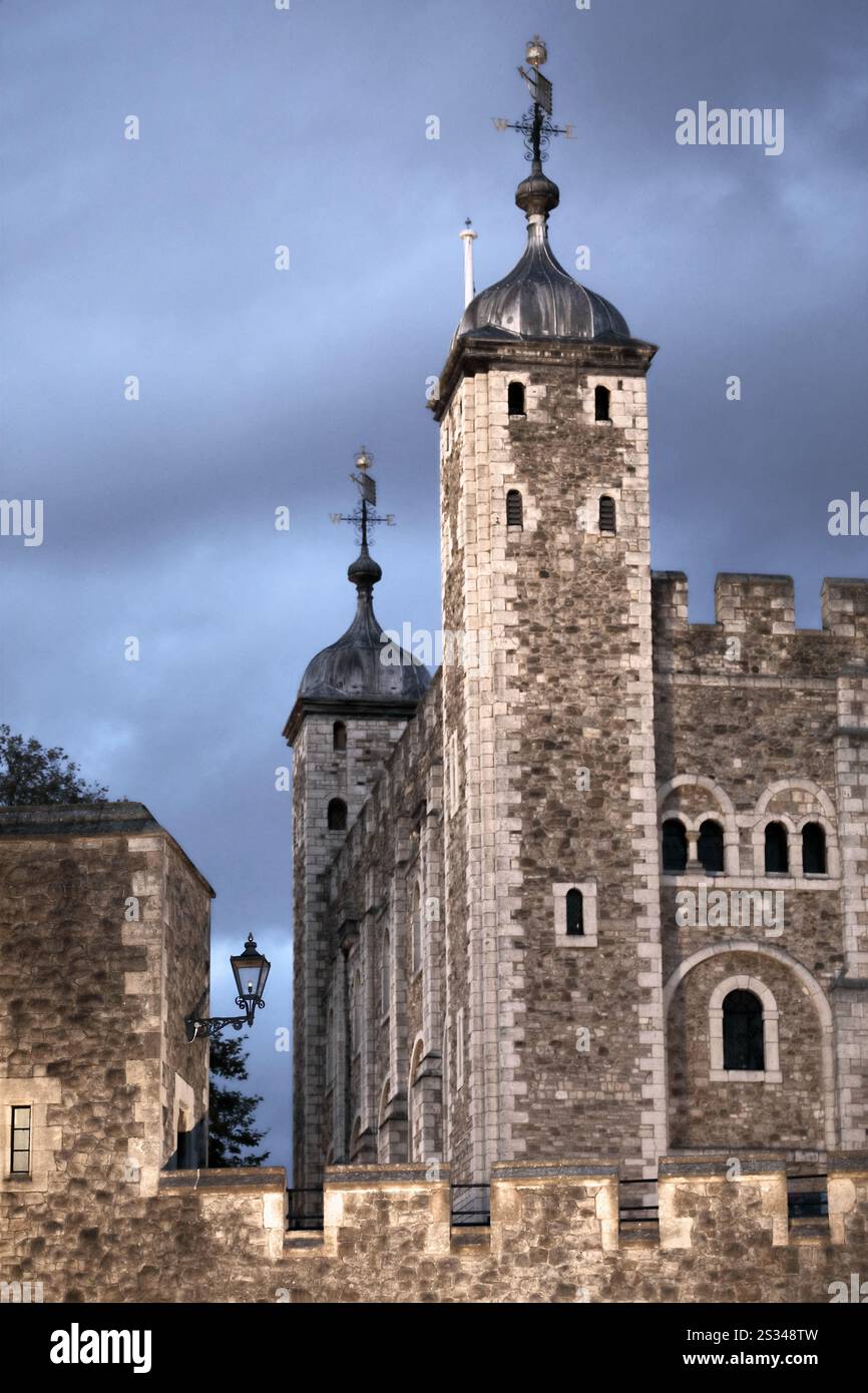 The Tower of London just before dusk. Castellated wall in the ...