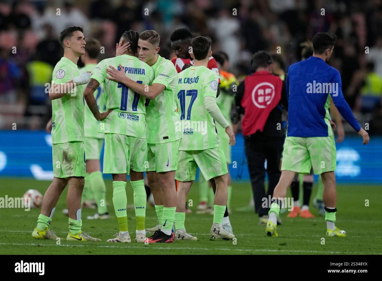 Barcelona players celebrate after the Spanish Super Cup semifinal match ...