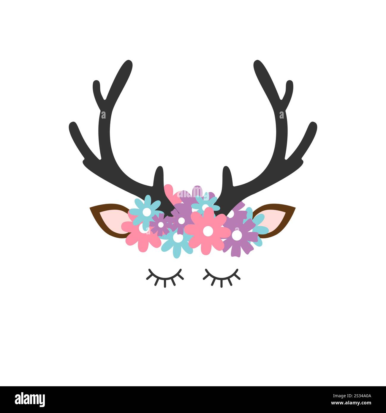 Vector flat cartoon deer face head with flowers isolated on white ...