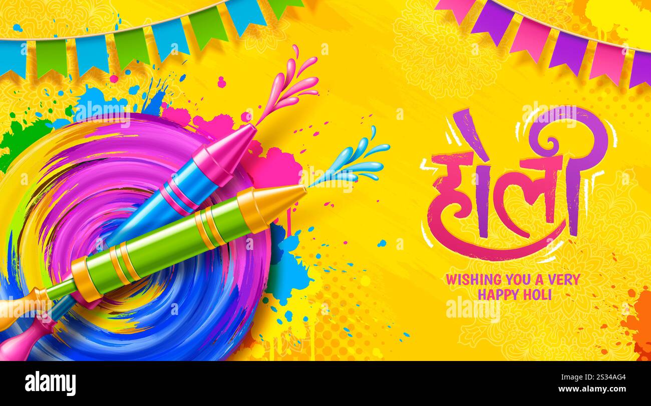 Colorful holi design with pichkari shooting paint color on yellow ...
