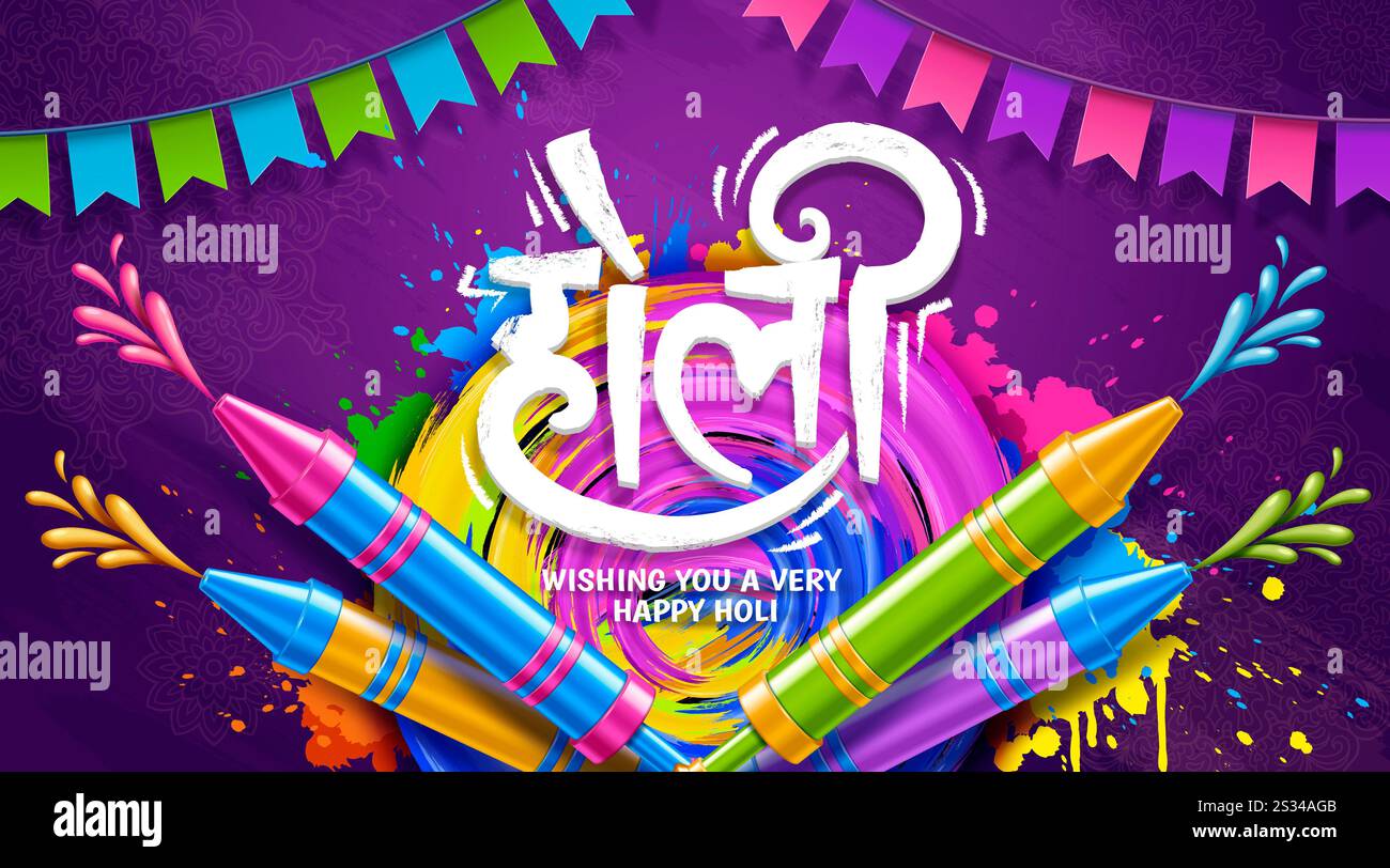 Colorful holi design with pichkari shooting paint color on purple ...