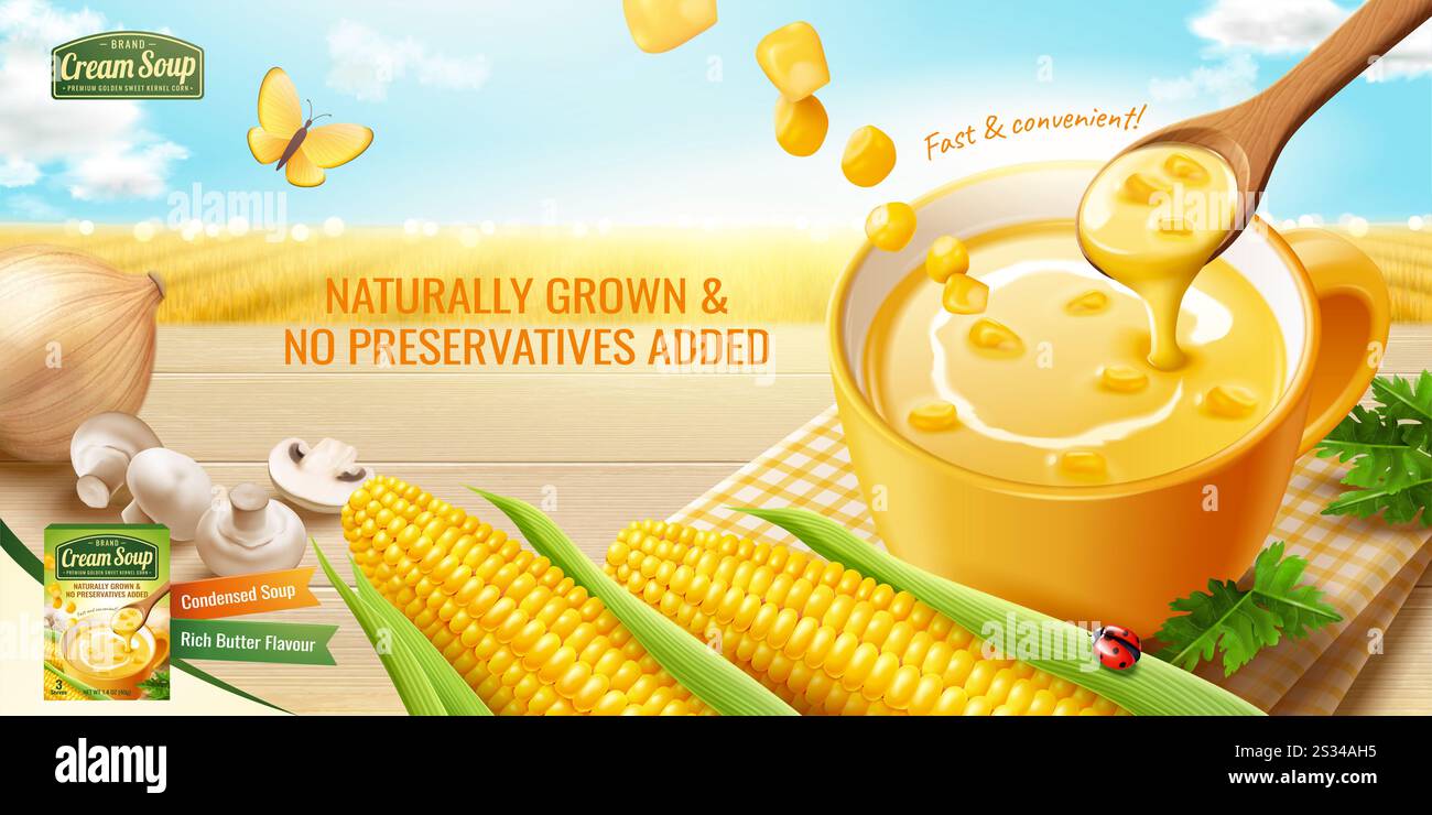 Instant corn cream soup ads with fresh corncob on wooden table and ...