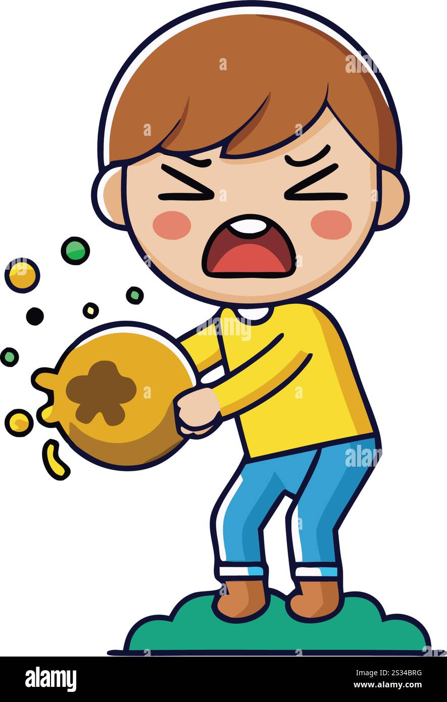 Humorous cartoon illustration of a boy struggling with nausea ...