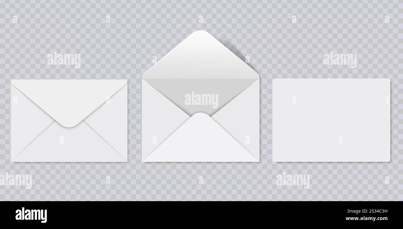 Set of white envelopes. Blank open and closed envelopes mockup. Empty ...