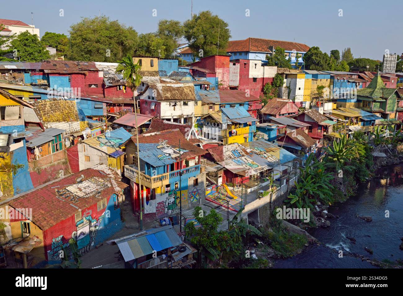 neighbourhood alongside the Kali Code River, Yogyakarta, Java island ...