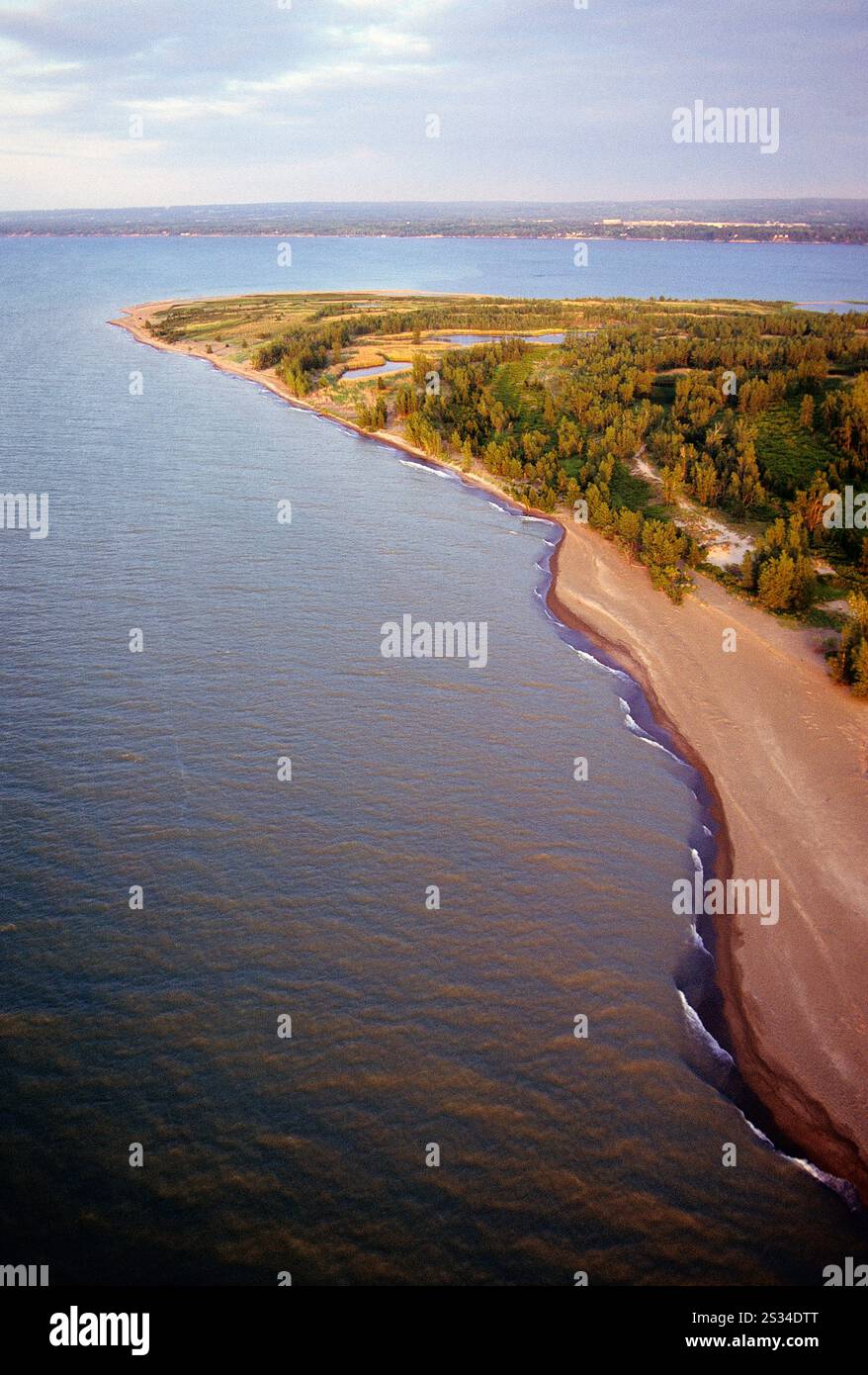 Aerial view of sunset over Presque Isle State Park and Lake Erie ...