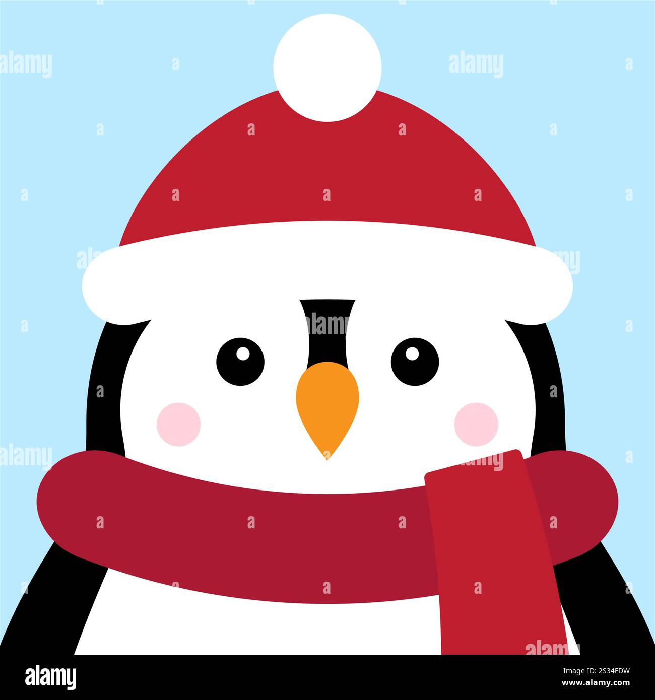 Vector flat cartoon penguin face in hat and scarf isolated on blue ...