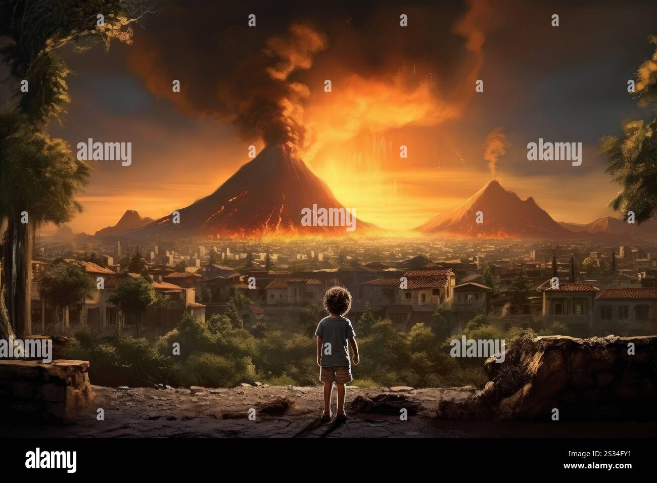 Ancient greek volcano eruption child boy. Nature disaster. Generate Ai ...