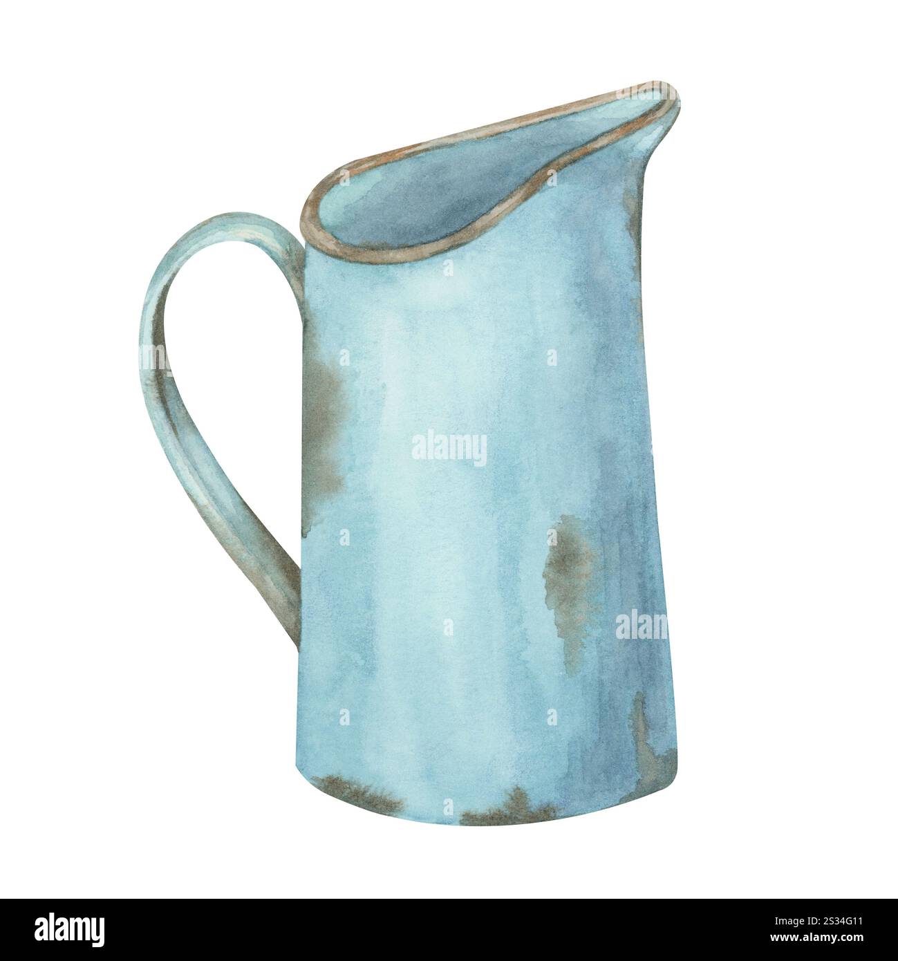 A vintage blue watering can clipart. Rusted metal Pitcher. Hand drawn ...
