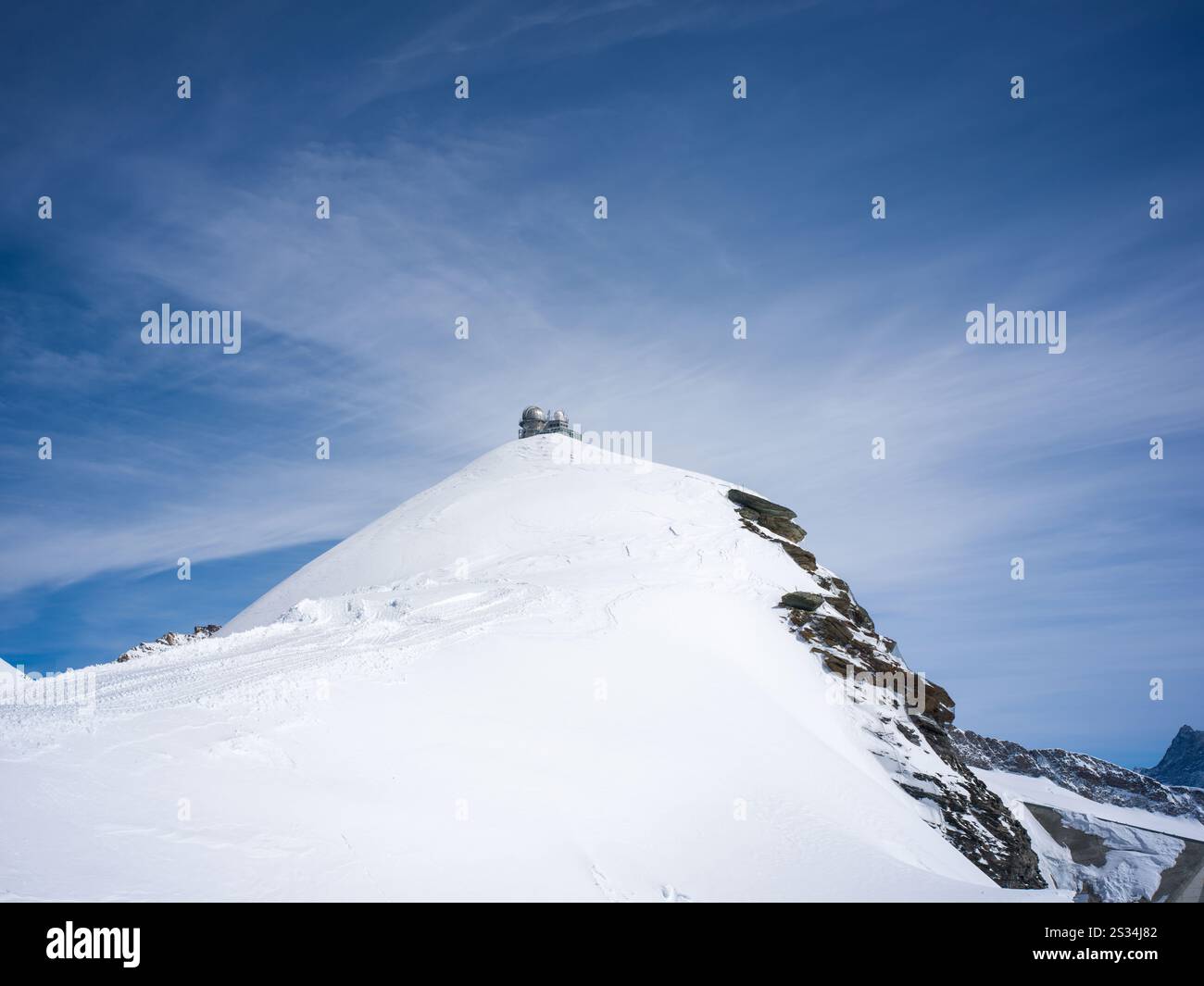 View from the Jungfraujoch plateau to the Jungfraujoch Sphinx Observatory, Alps, Wengen ...
