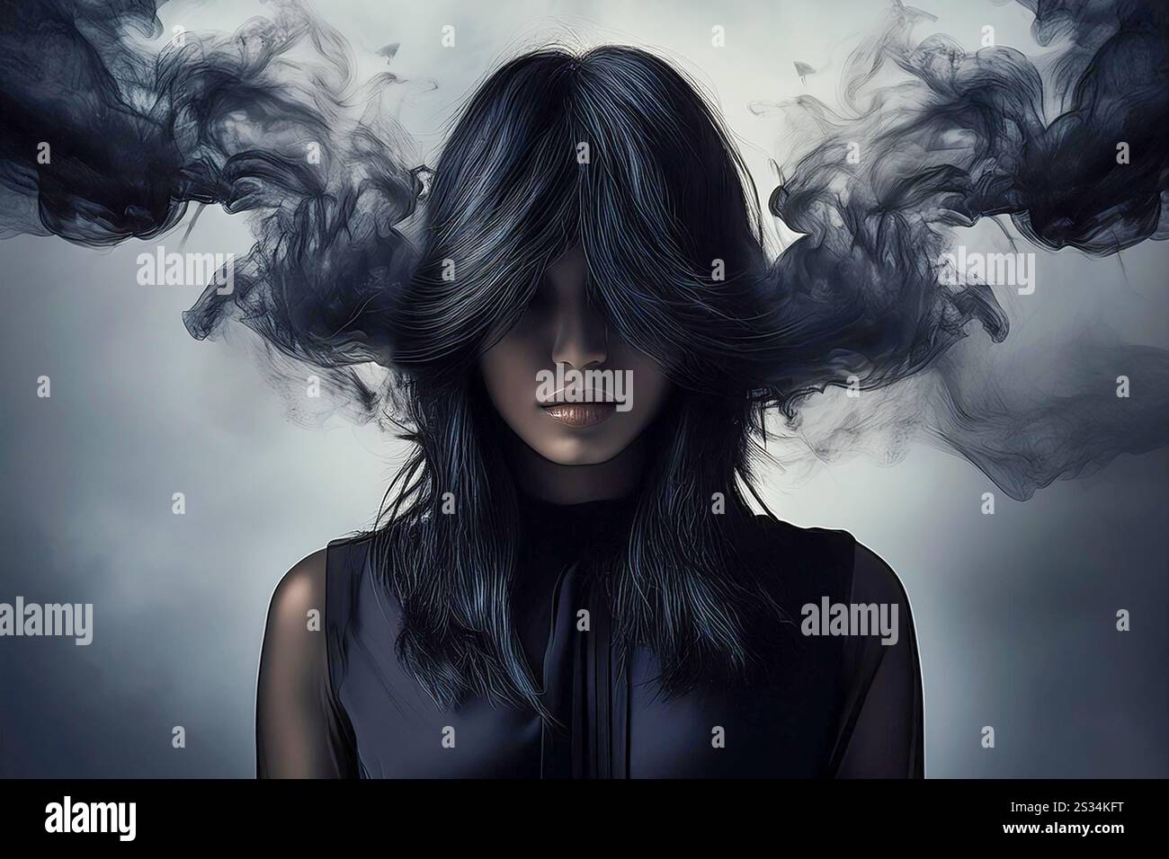 Abstract dark woman with light beams on her face with black smoke ...