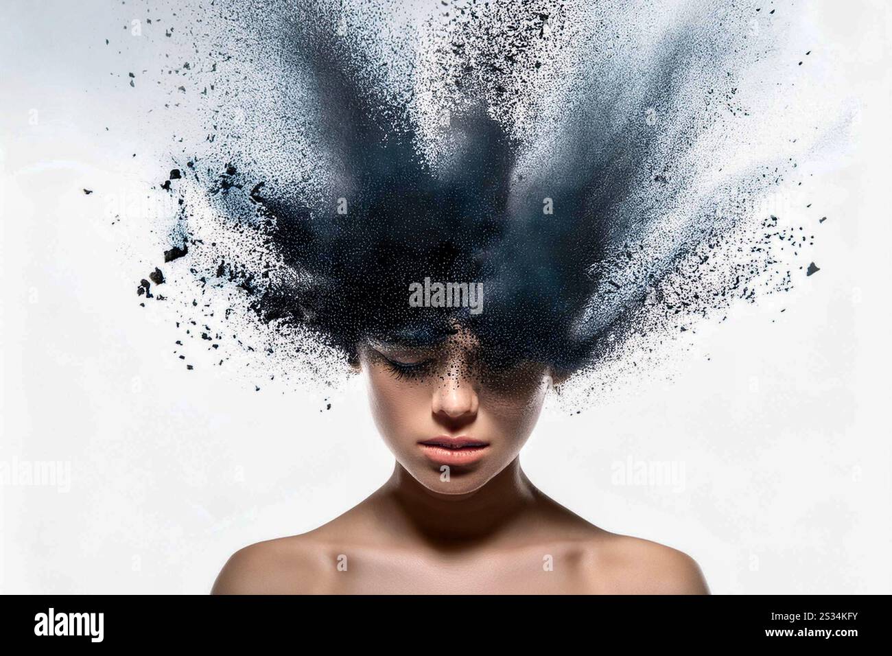 Abstract dark woman with light beams on her face with black smoke ...