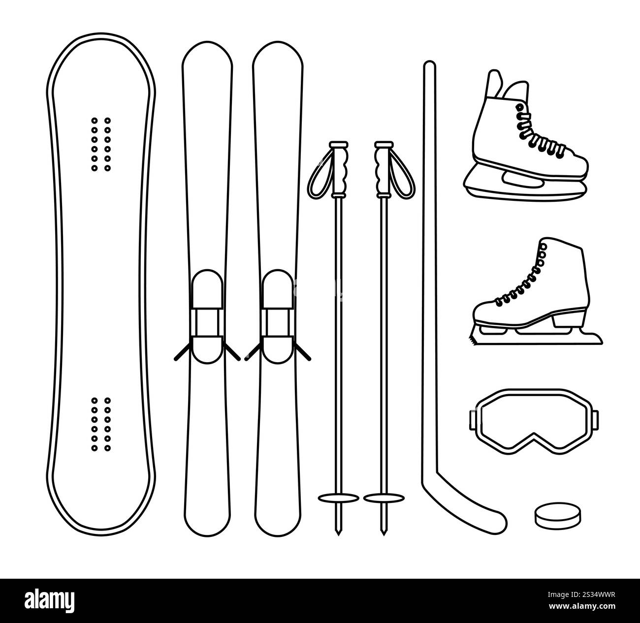 Vector set bundle of flat winter sport equipment isolated on white ...