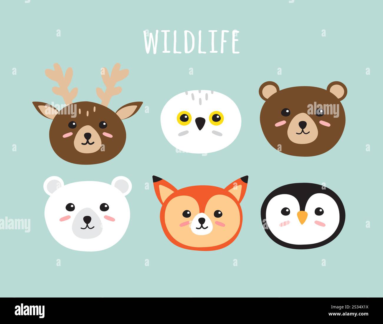 Vector set bundle of flat cartoon doodle wild animal face isolated on ...