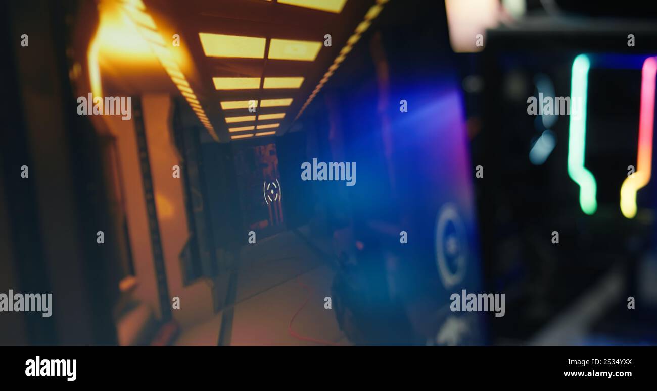 Computer screen showing FPS videogame with futuristic weapon shooting ...